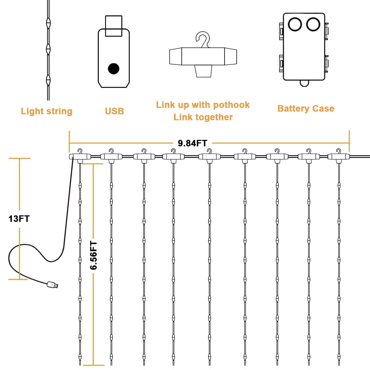 Curtain String Lights, Battery/USB Powered 200 LED Twinkle Light with Remote, Auto On/Off Setting & 8 Modes Fairy Lights for Indoor/Outdoor Bedroom Party Decor (Warm White 9.8 x 6.6Ft)