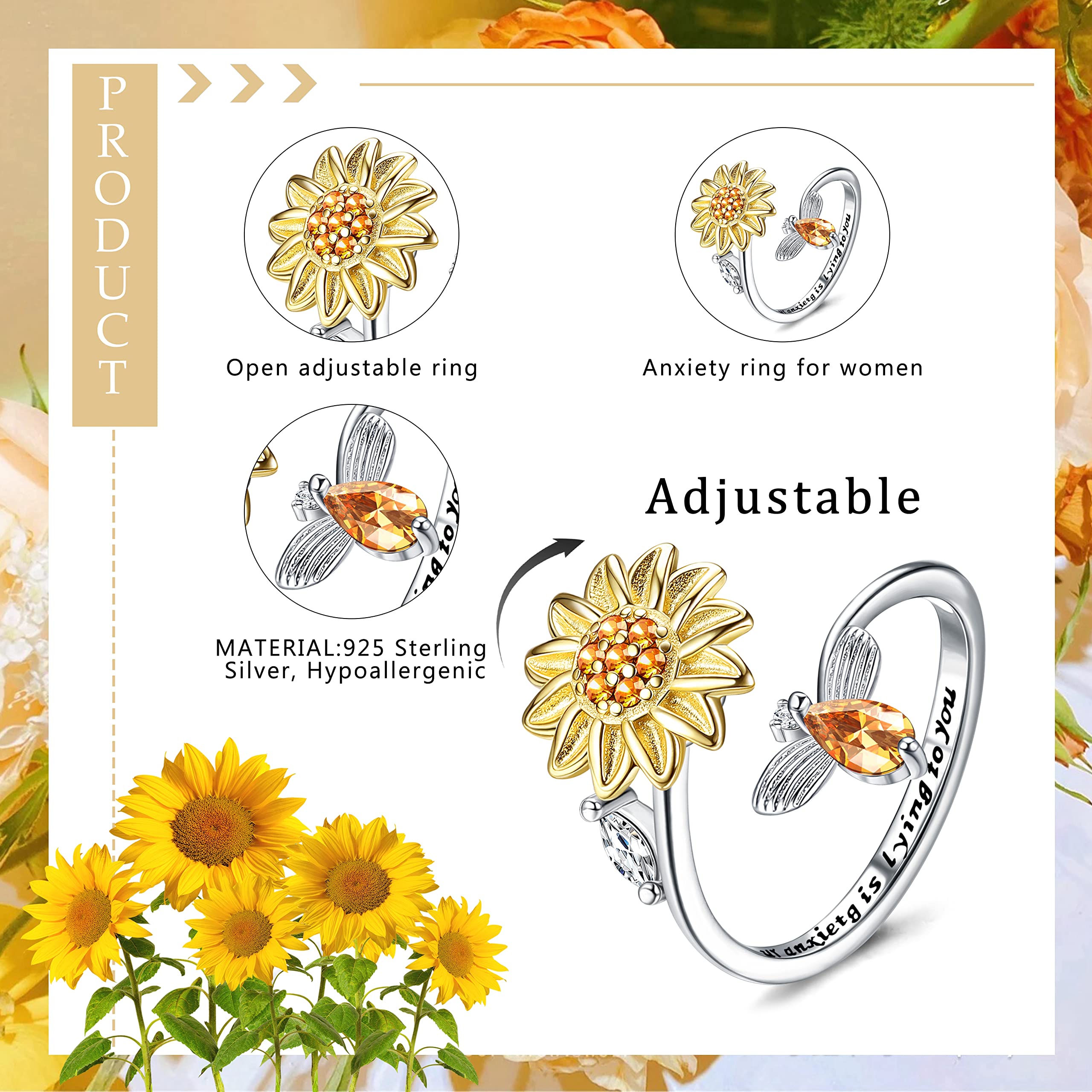 FUNRUN JEWELRY 925 Sterling Silver Flower Fidget Spinner Rings for Women Anxiety Adjustable Bee Daisy Open Ring Relieving Stress Stackable Rings Anti Anxiety Jewelry Gift