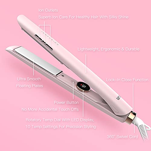 LENA Ionic Flat Iron | Ceramic Hair Straightener | 1" Professional Styling Tools for Straightening and Curling, Extra Ion Care, Max 450 F, Dual Voltage, Pink