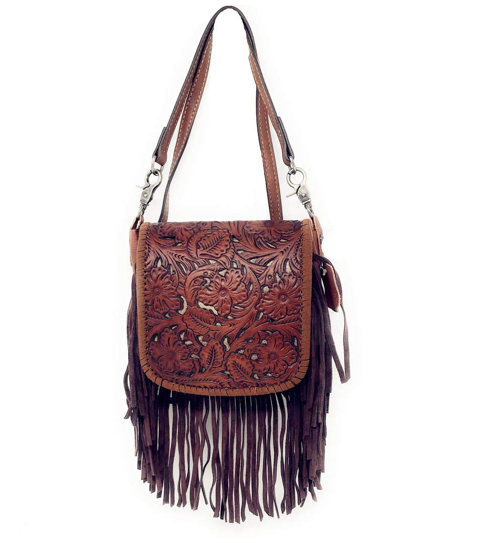 Western Genuine Leather Floral Tooled Fringe Womens Crossbody Bag 3 Color (Laser Cut Brown)