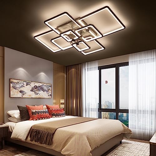 HIHIHOMY 41.7in Modern LED Ceiling Light for Living Room,120W Brown Modern Dimmable Flush Mount Led Ceiling Light Fixtures,8 Square Frame Acrylic with Remote Ceiling Lamps