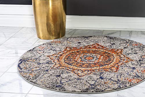 Unique Loom Vita Collection Modern Over-Dyed Center Medallion Vintage Area Rug, 8 ft x 8 ft, Gray/Ivory