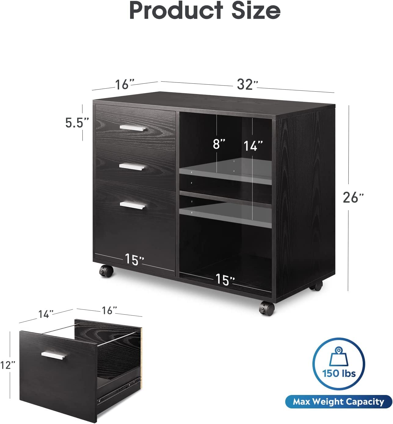 DEVAISE 3-Drawer Wood File Cabinet, Mobile Lateral Filing Cabinet, Printer Stand with Open Storage Shelves for Home Office, Classic Black