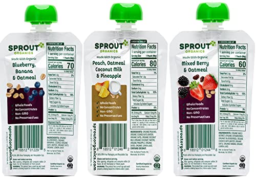 Sprout Organics, Stage 2 Variety Pack, Blueberry Banana Oatmeal, Mixed Berry Oatmeal & Peach Oatmeal with Coconunt Milk, 6+ Month Pouches, 3.5 oz (18-count)