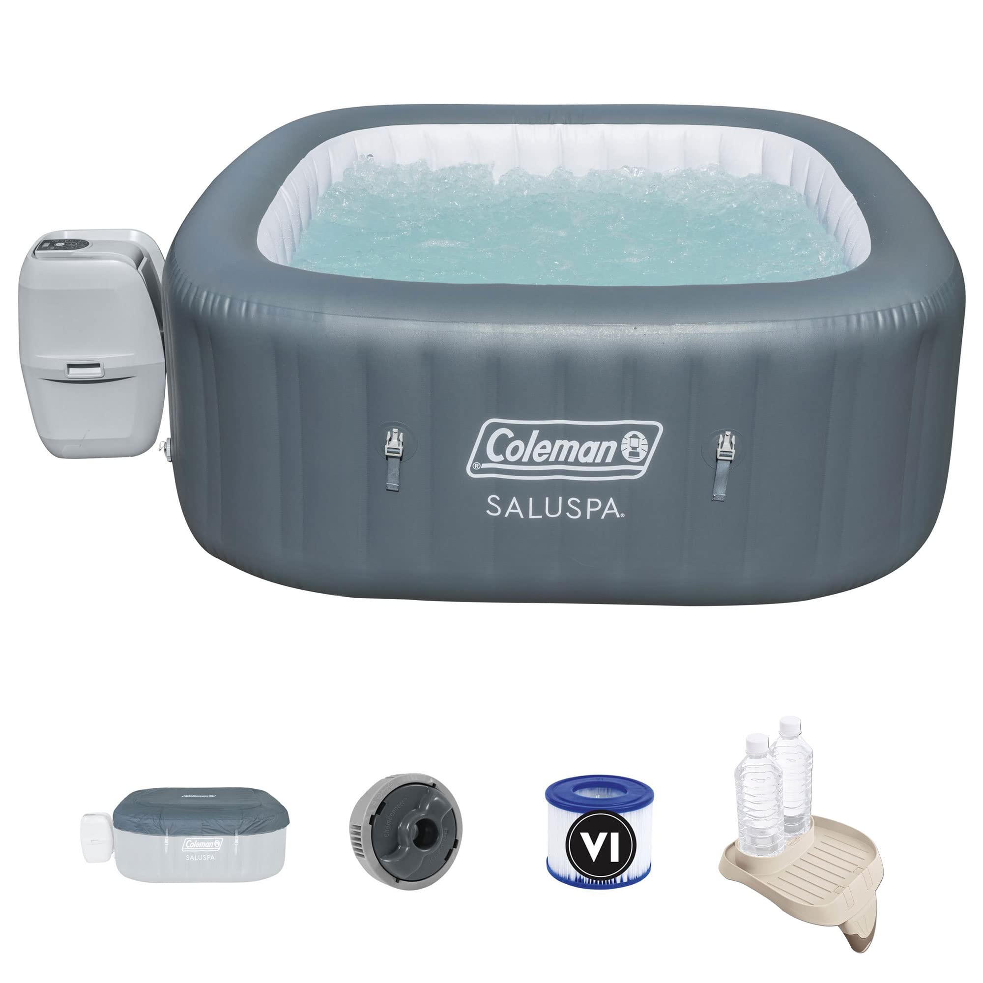 Coleman SaluSpa 140 AirJet Square 4-6 Person Inflatable Hot Tub Spa, Gray, and Intex PureSpa Attachable Cup Holder and Refreshment Tray Accessory, Tan