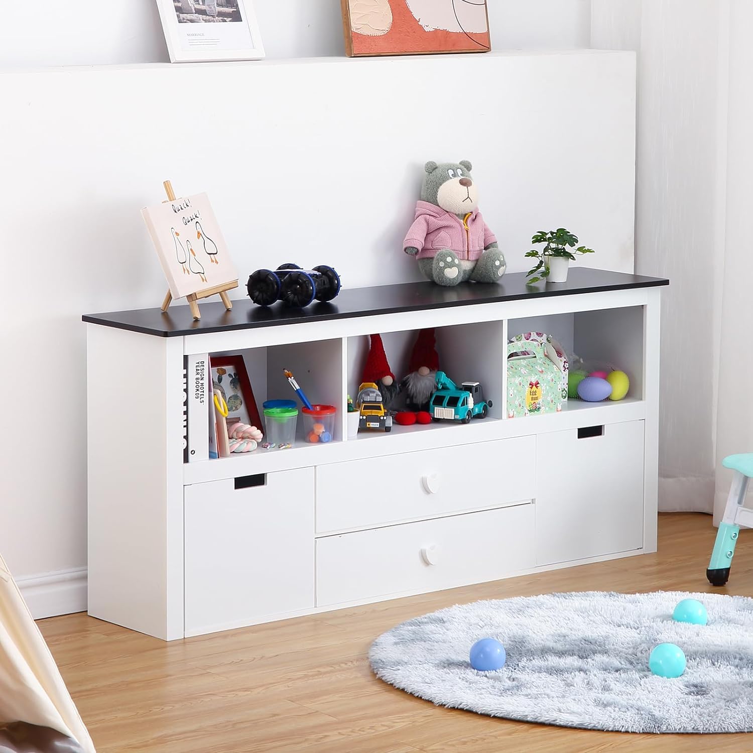 HobbyField Kids Toy Storage Organizer with with 2 Drawers,Toy Storage Organizer with Bookshelf,Movable Drawers & Blackboard Top for Boys Girls Toddler Classroom Bookcase for Bedroom,Playroom,Nursery
