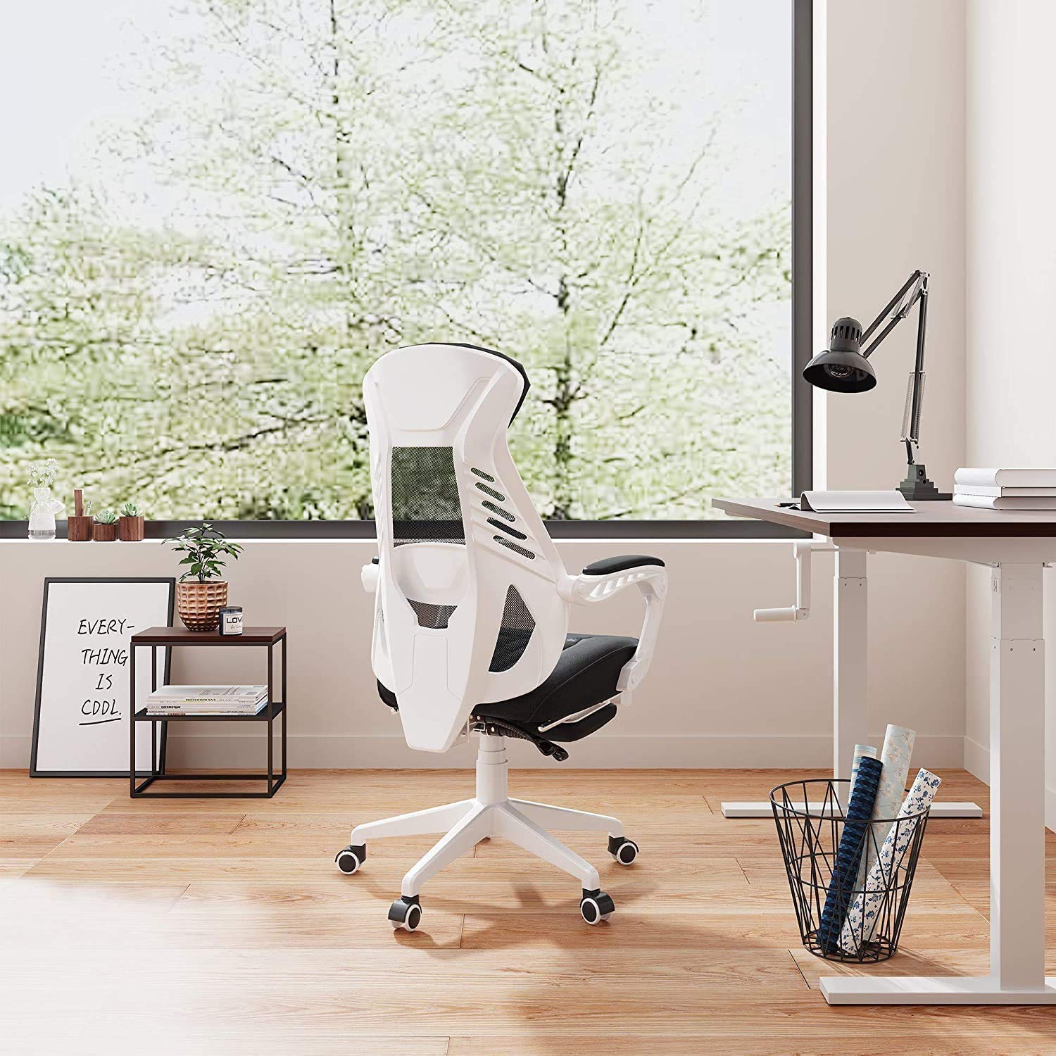 DEVAISE Mesh Recliner Office Chair, High Back Mesh Computer Desk Chair with Footrest and Adjustable Lumbar Support (White)