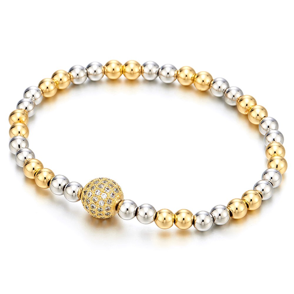 COOLSTEELANDBEYOND Beautiful Gold Silver Two-Tone Beads Bracelet for Women with Cubic Zirconia Ball