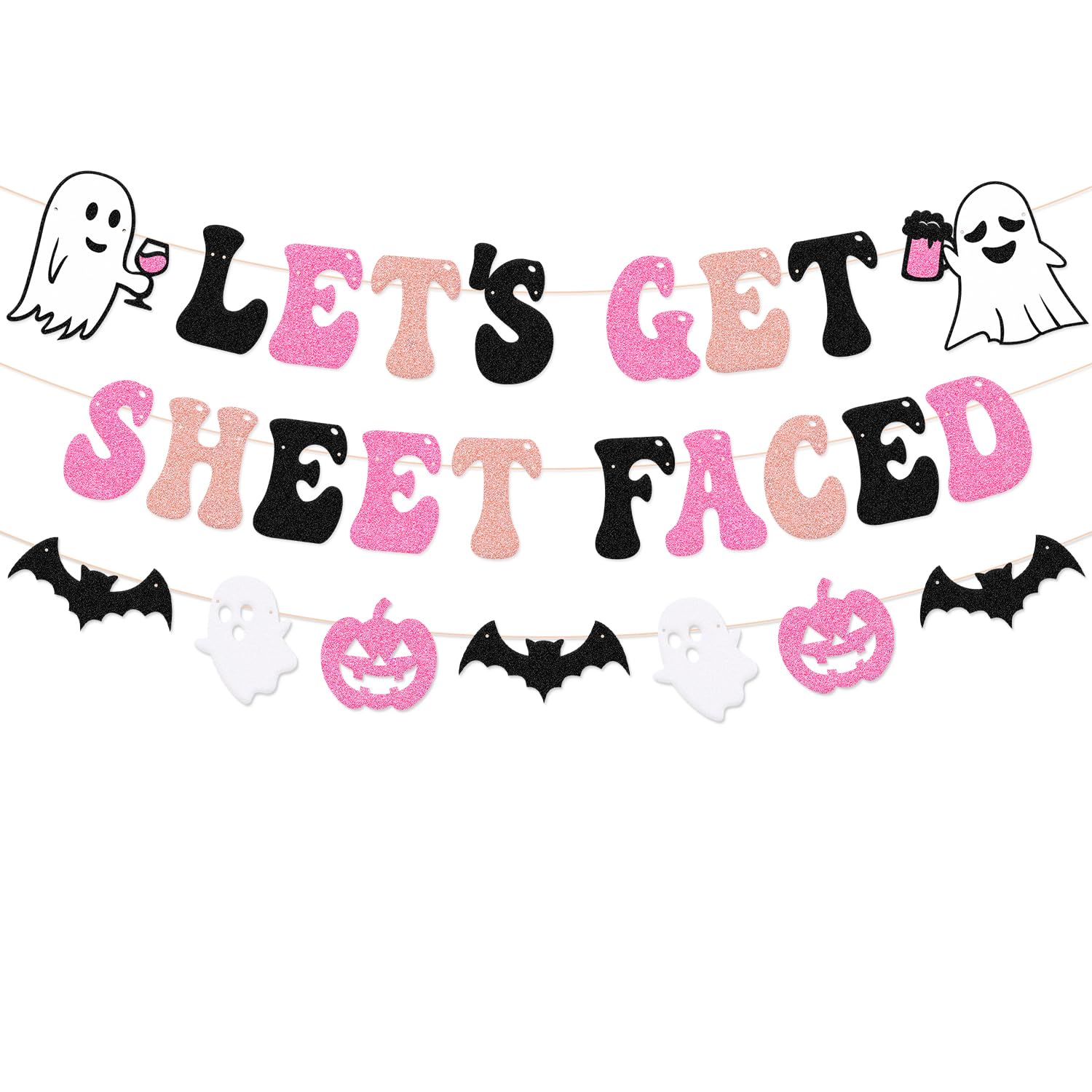 Let's Get Sheet Faced Banner Halloween Decoration Pink Hallow Banner Spooky Ghost Backdrop Boo Bat Pumpkin Haunted House Witch Poison Bar Theme Party Decor