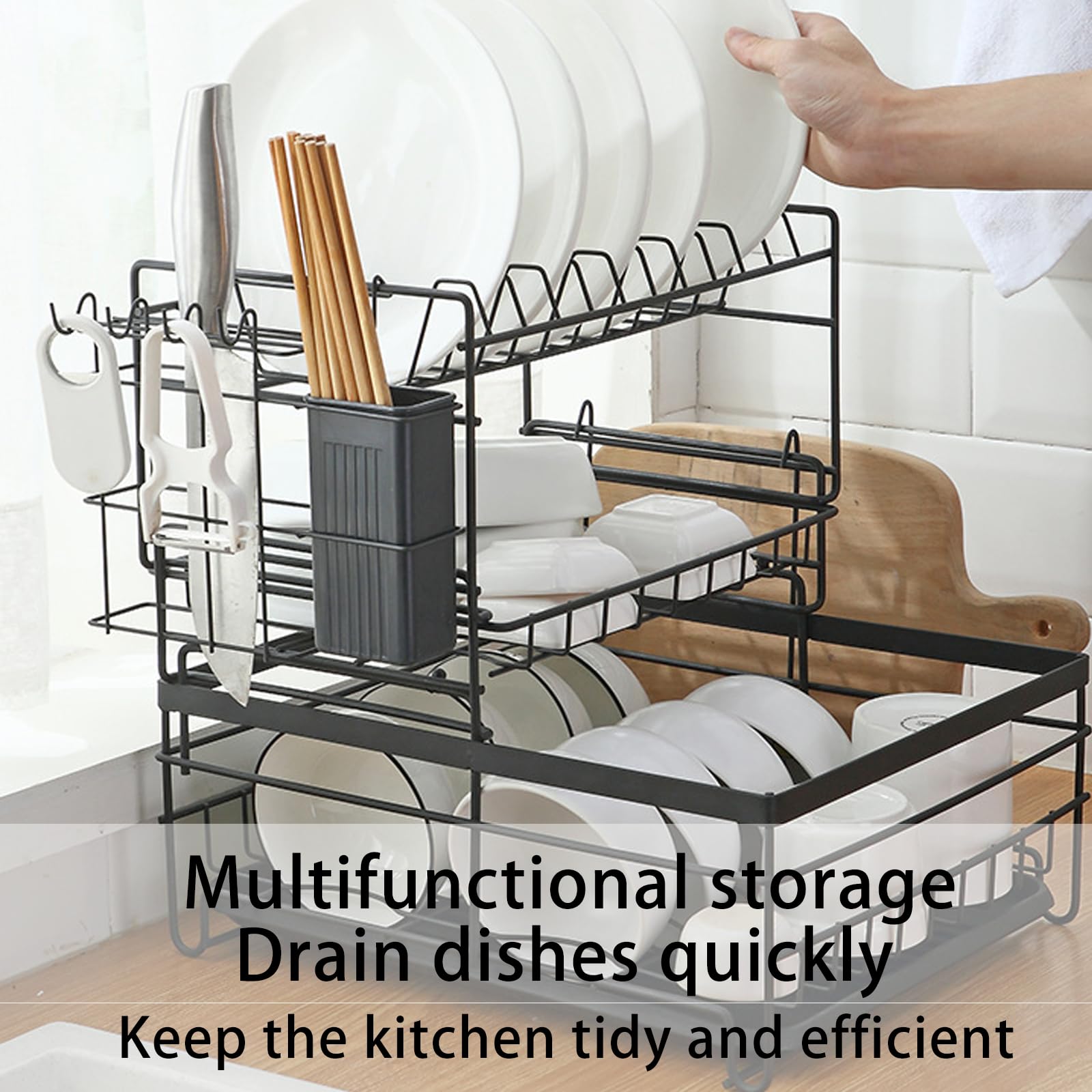 ClearTone 3 Tier Dish Drying Racks, Black Dish Drying Rack for Kitchen Counter, Stainless Steel Dish Strainers for Kitchen Counter with Drainboard Pan Slots and Utensil Holder,Black
