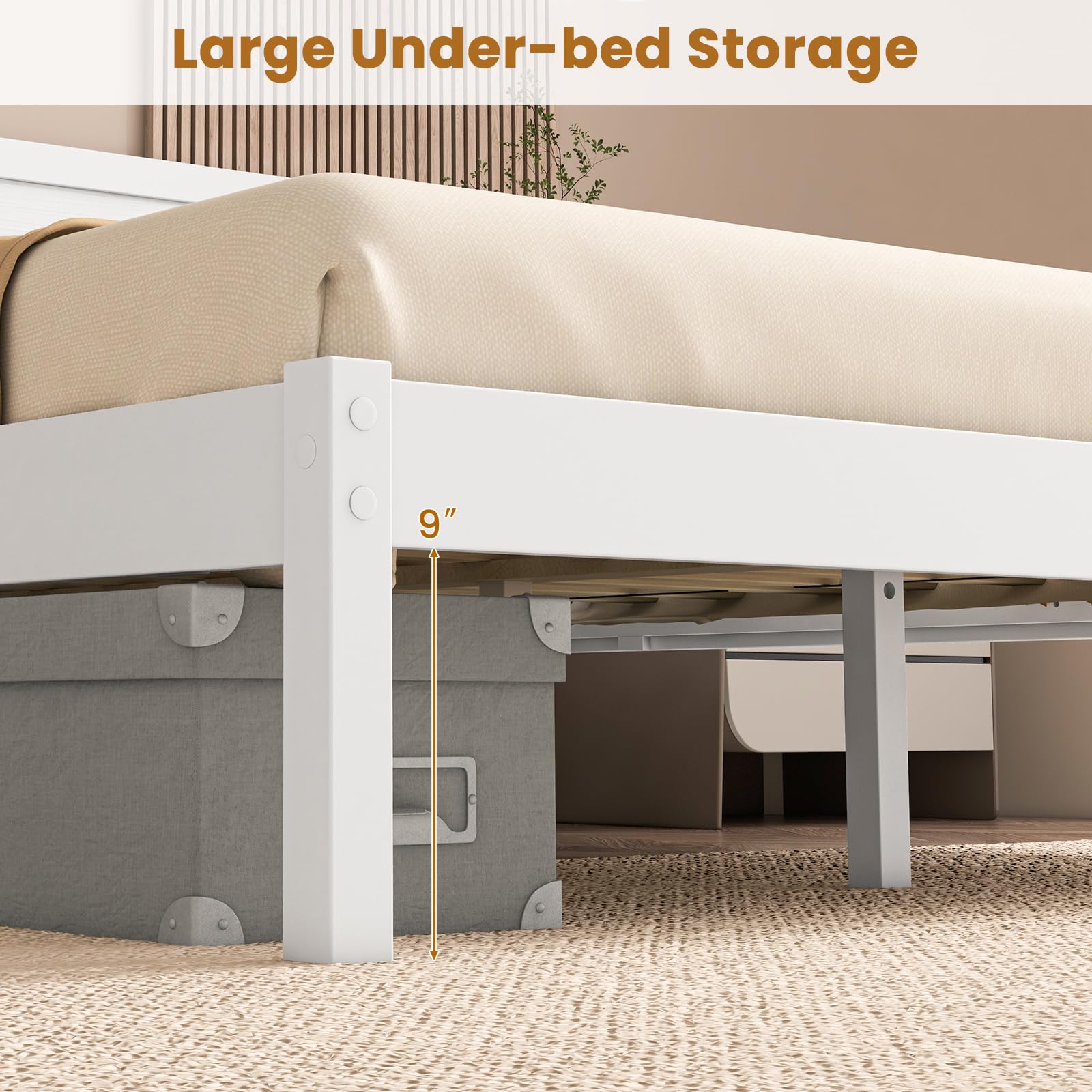 KOMFOTT Full Size Wood Platform Bed Frame with Headboard, Mid-Century Bed Frame with Wooden Slats Support & Under Bed Storage Space, No Box Spring Required Mattress Foundation (White)