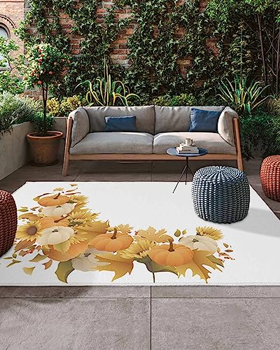 Teamery Outdoor Rug Fall Thanksgiving Maple Leaves Sunflowers Area Rug, Easy Cleaning Waterproof Outdoor Plastic Straw Rug for Patio Decor Backyard Deck Picnic Camping Living Room, 5x8 Feet