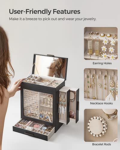 SONGMICS Jewelry Box with Glass Window, 5-Layer Jewelry Organizer with 3 Side Drawers, Jewelry Storage, with Vertical Storage Space, Big Mirror, Modern Style, Graphite Black and Silver UJBC162B01