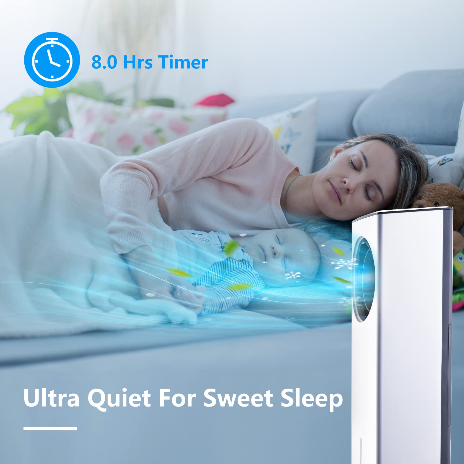 Evaporative Air Cooler-3-in-1 Portable Air-Cooling Fan, Instant Cool & Humidify with 3 Speeds, 8H Timer, 3 Modes, No Noise Tower Fan, No Dust, Bladeless Fan for Large Room Office (White)