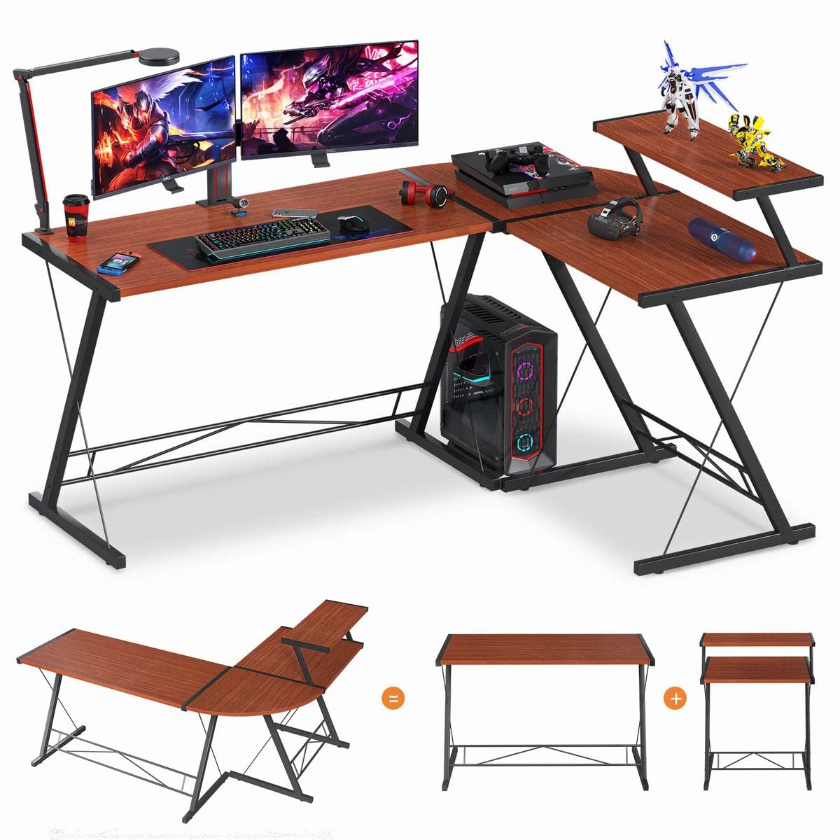 Coleshome Extra Large L Shaped Desk L Desk Gaming Computer Corner Desk with Round Corner with Monitor Stand for Gaming Desk Home Office Writing Workstation, Walnut.