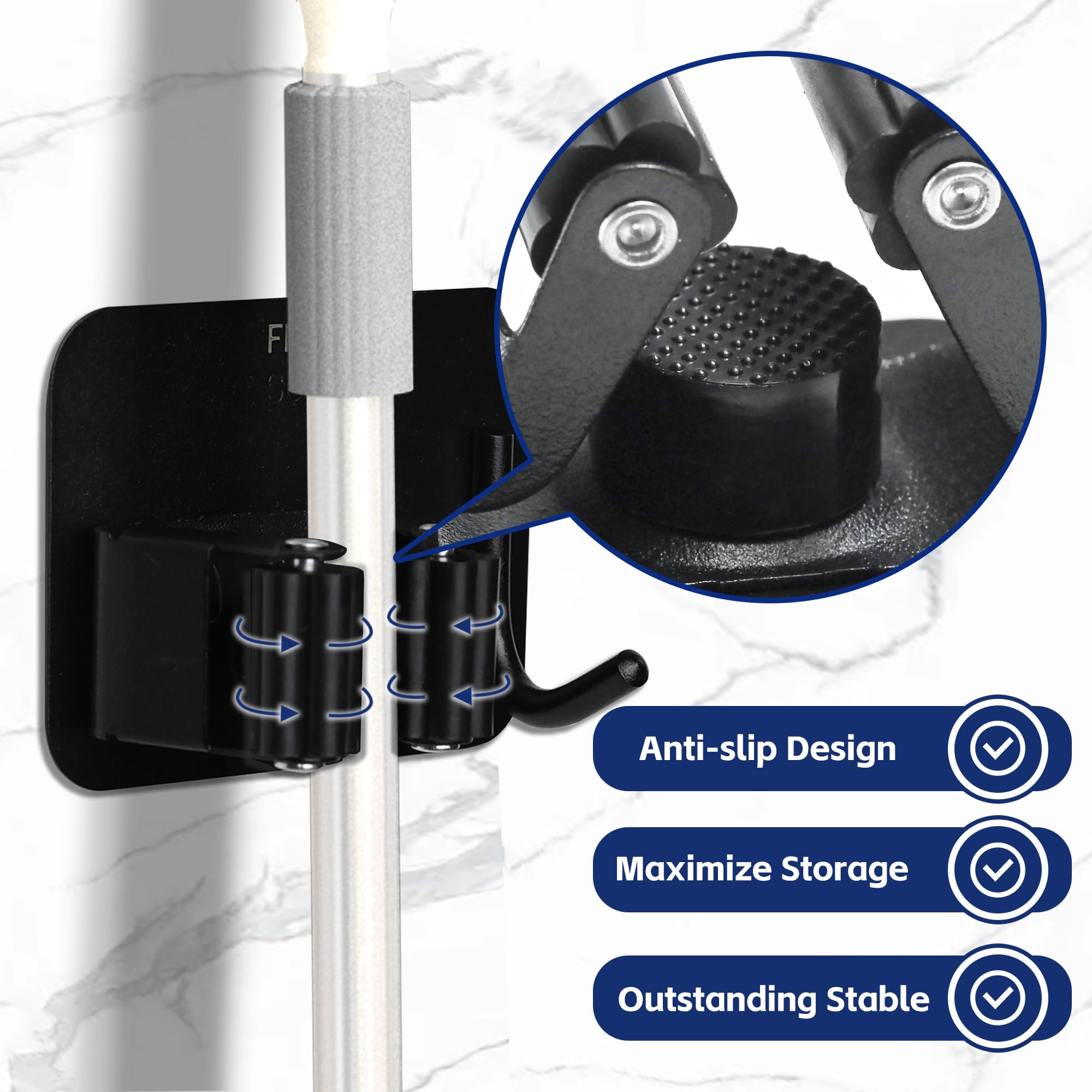 FPOSEI 4PCS Broom and Mop Holder,Stainless Steel Waterproofing Broom and Mop Holder Wall Mountain, Adhesive Mop Holder with Hooks, Cleaning Supplies Organizer Home Laundry Organization