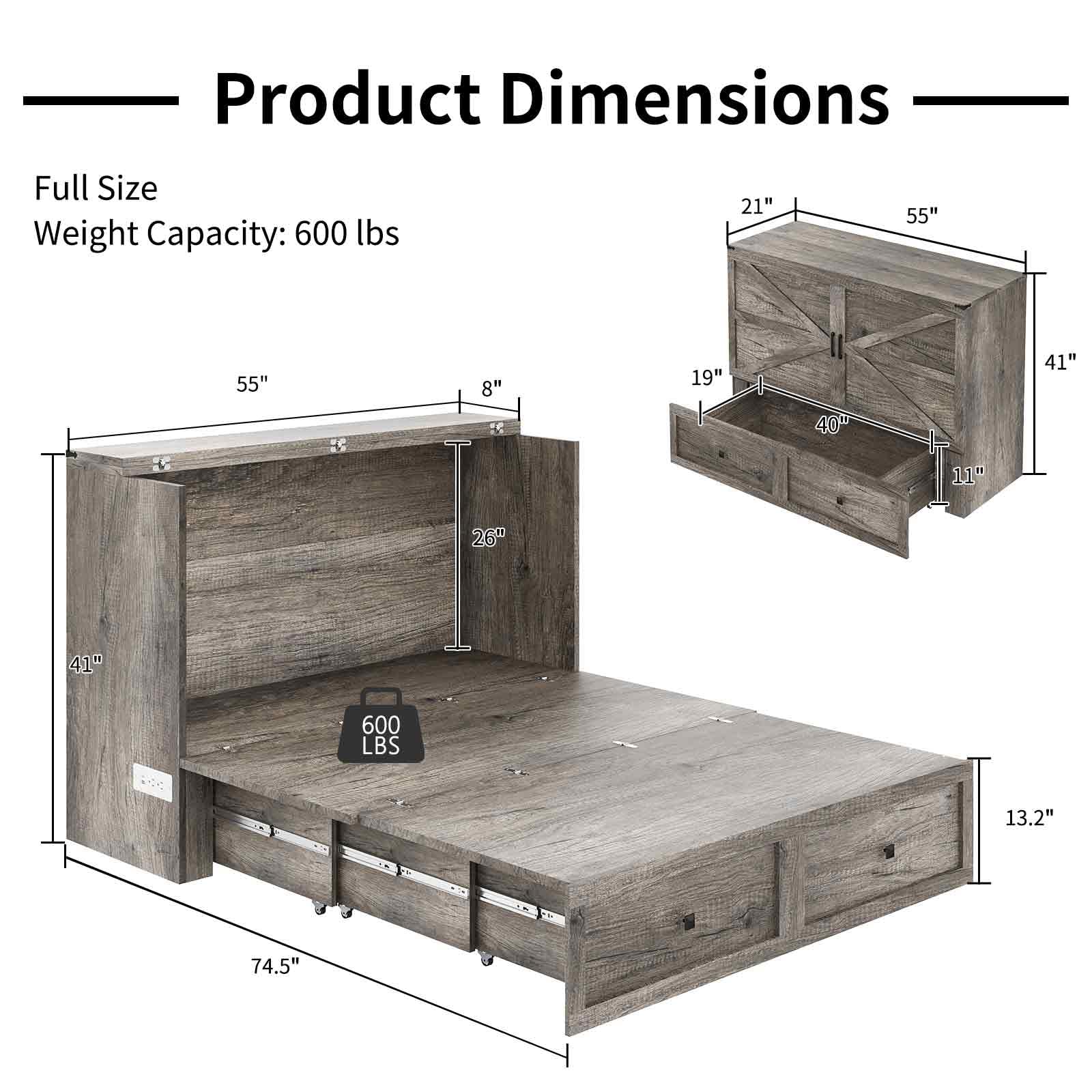 LUXOAK Murphy Bed Full Size, Cabinet Bed with Charging Station Large Storage Drawer for Home Office or Small Room, Hideaway Bed Full Foldable Platform Bed, Rustic Grey