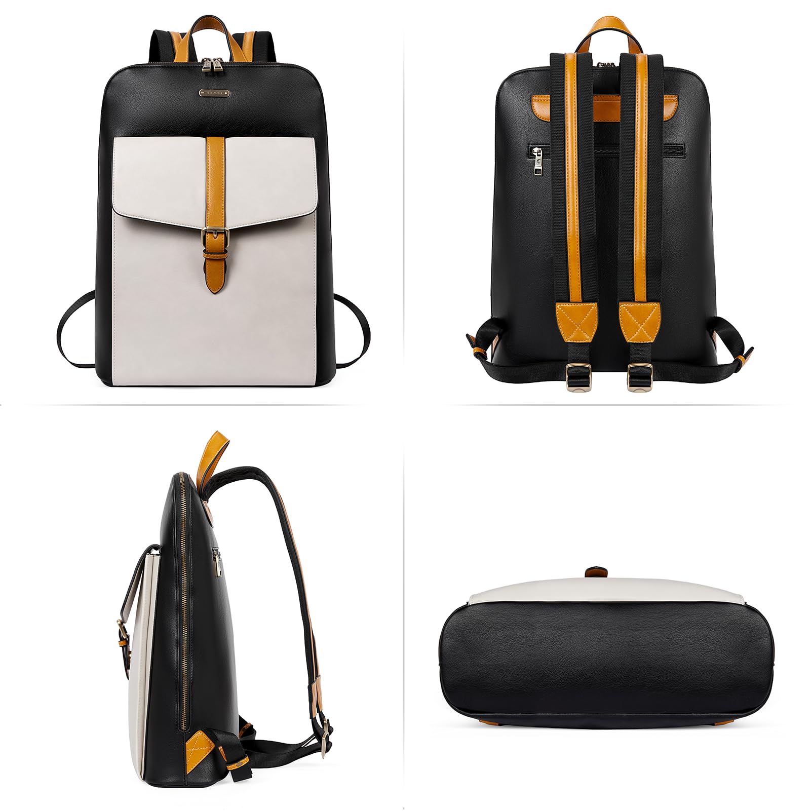 CLUCI Leather Laptop Backpack for Women 15.6 inch Computer Backpack Stylish Travel Backpack Purse for Women Work Daypack Bag Black-white with yellow