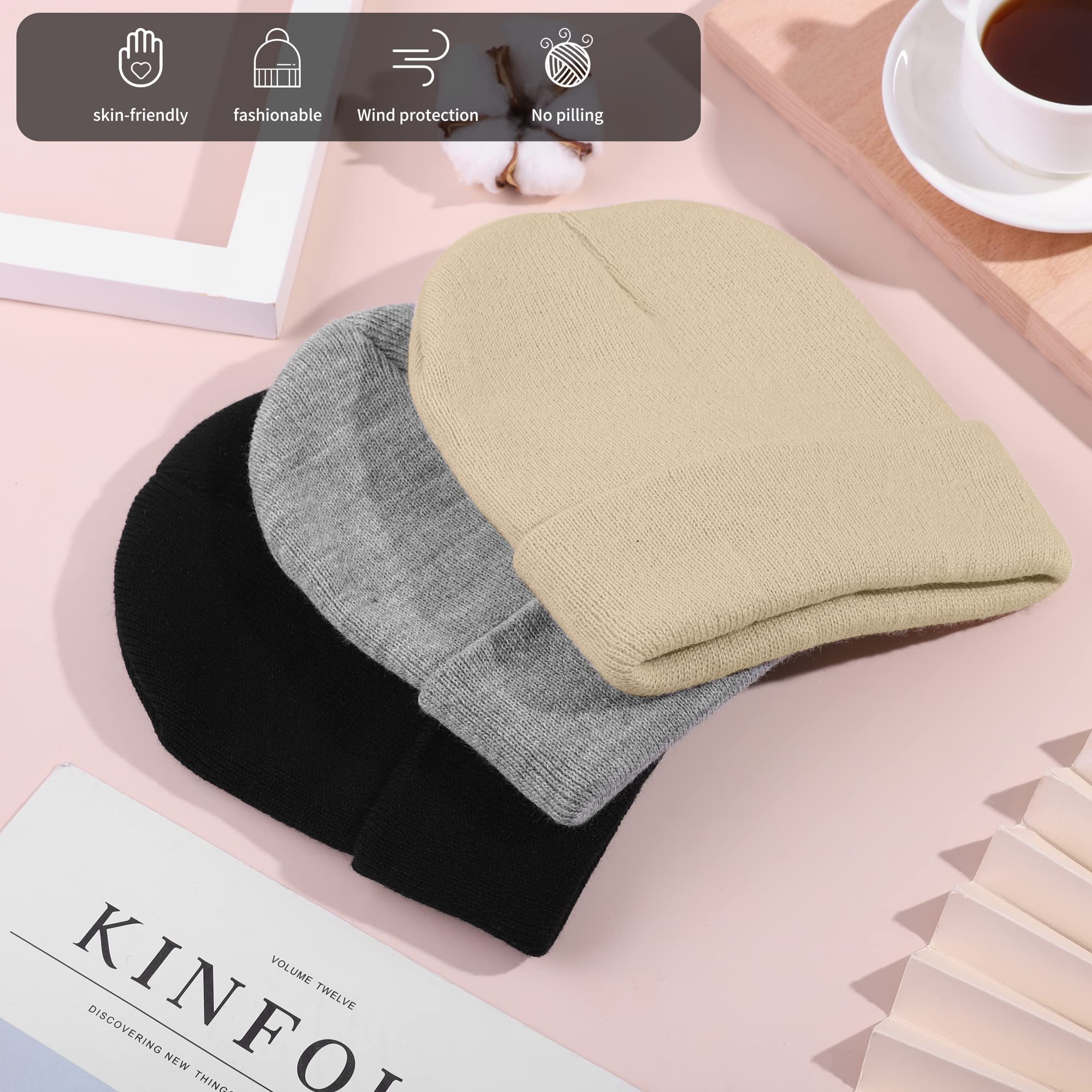 Cooraby 3 Pack Unisex Winter Skull Cap Beanies Knitted Cuff Hats Caps Roll-up Edge Beanie Hats for Men Women Outdoors Black