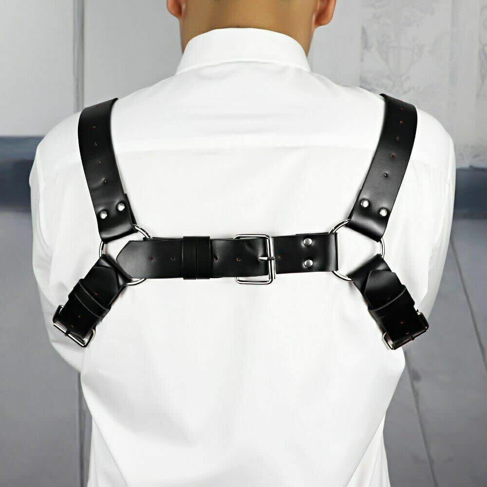 Furealux Harness for Man Adjustable Leather Harness Body Chest Black Rivets Harness Punk Belt Clubwear Costume