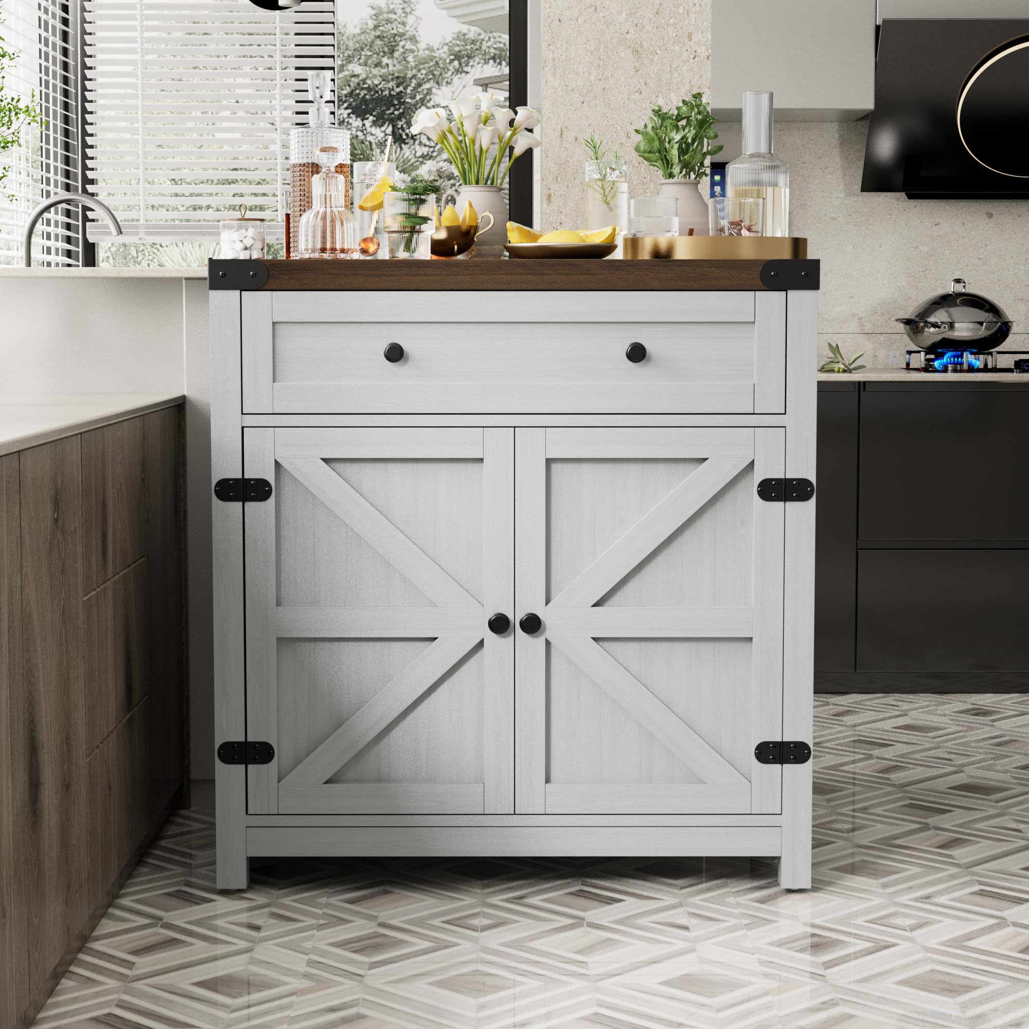 JUMMICO Coffee Bar Cabinet Farmhouse Kitchen Sideboard Buffet Cabinet with Drawer and Adjustable Shelf Barn Door Storage Cabinet for Kitchen, Dining Room, Bathroom, Entryway(White)