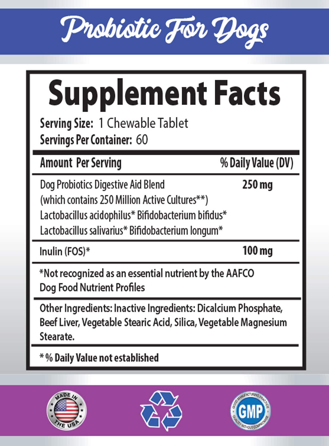 PET SUPPLEMENTS Dog Digestive Support - PROBIOTICS for Dogs - Healthy Gut - Stop Gas Diarrhea and Bad Breath - Digestive Boost - Dog probiotics chewables - 1 Bottle (60 Treats)