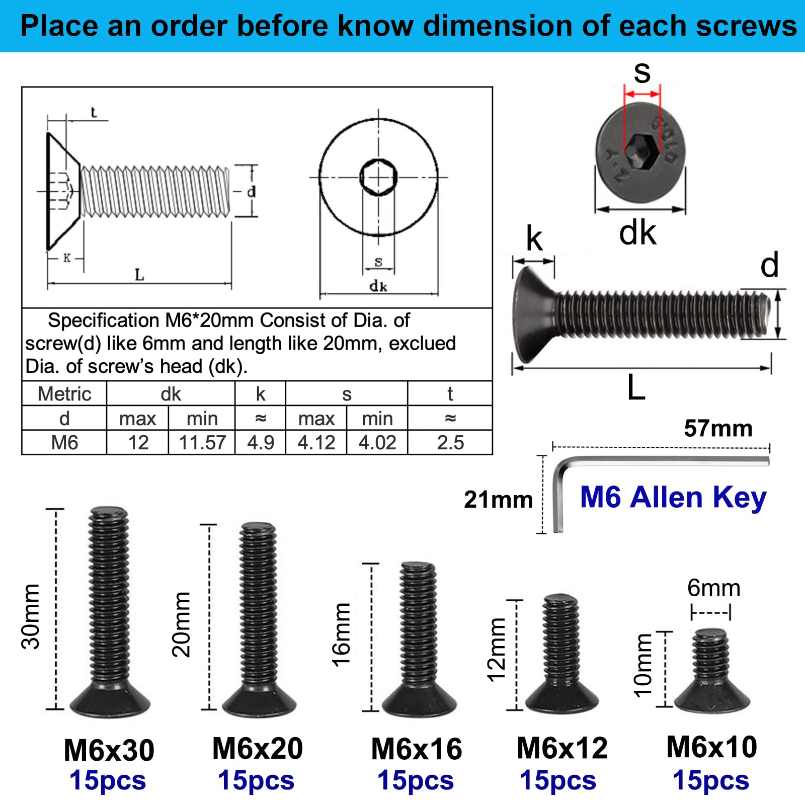 HanTof 75PCS Flat Head Hex Socket Cap Screw Bolt, Grade 10.9 Alloy Steel, M6 x 10/12/16/20/30mm SCK Allen Head Hex Drive Machine Screw Set with Hex Key, Black Oxide Finish, Fully Threaded Pitch: 1.0mm