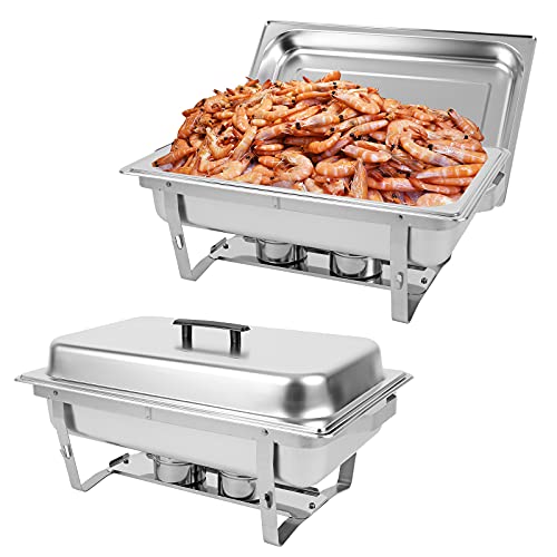 Restlrious 8 QT Chafing Dish Buffet Set 2 Packs Stainless Steel Foldable Rectangular Chafer Full Size w/Water Pan, Food Pan, Fuel Holder and Lid
