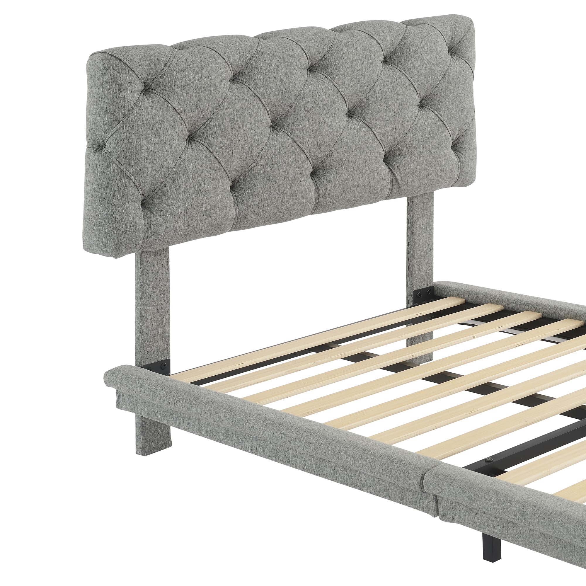 Twin Size Floating Platform Bed, Wooden Bed Frame with Light Stripe, Upholstered Bed with Soft Linen Fabric and Button-Tufted Design Headboard, Twin Platform Bed for Kids Teens Adult Bedroom, Grey.