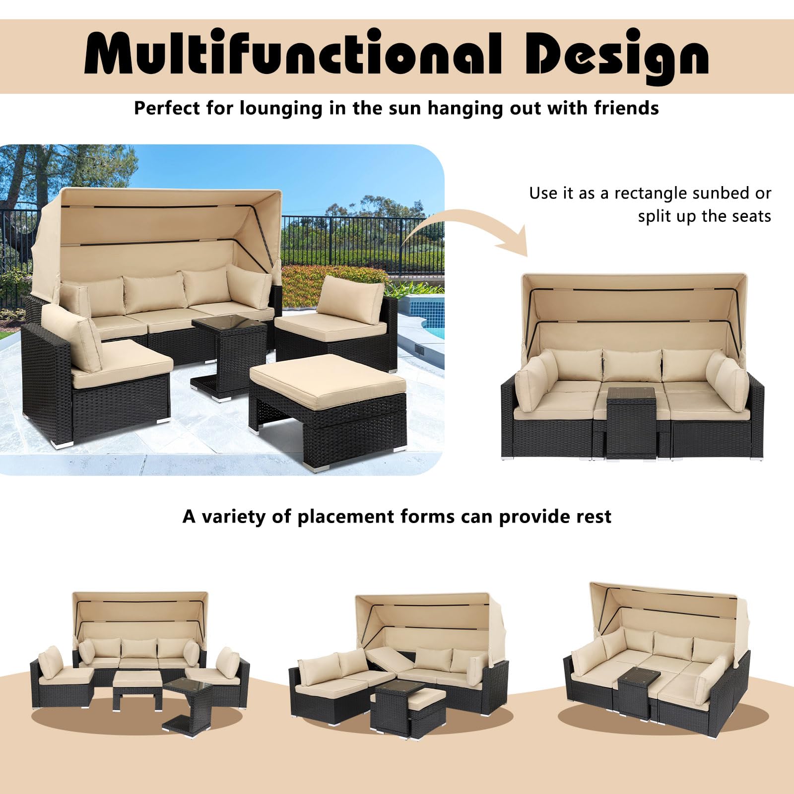 TITIMO 7 Pieces Patio Furniture Set Outdoor Conversation Set Daybed with Retractable Canopy Patio Sectional Rattan Sofa Set with Table for Poolside (Black Rattan Beige Cushion)