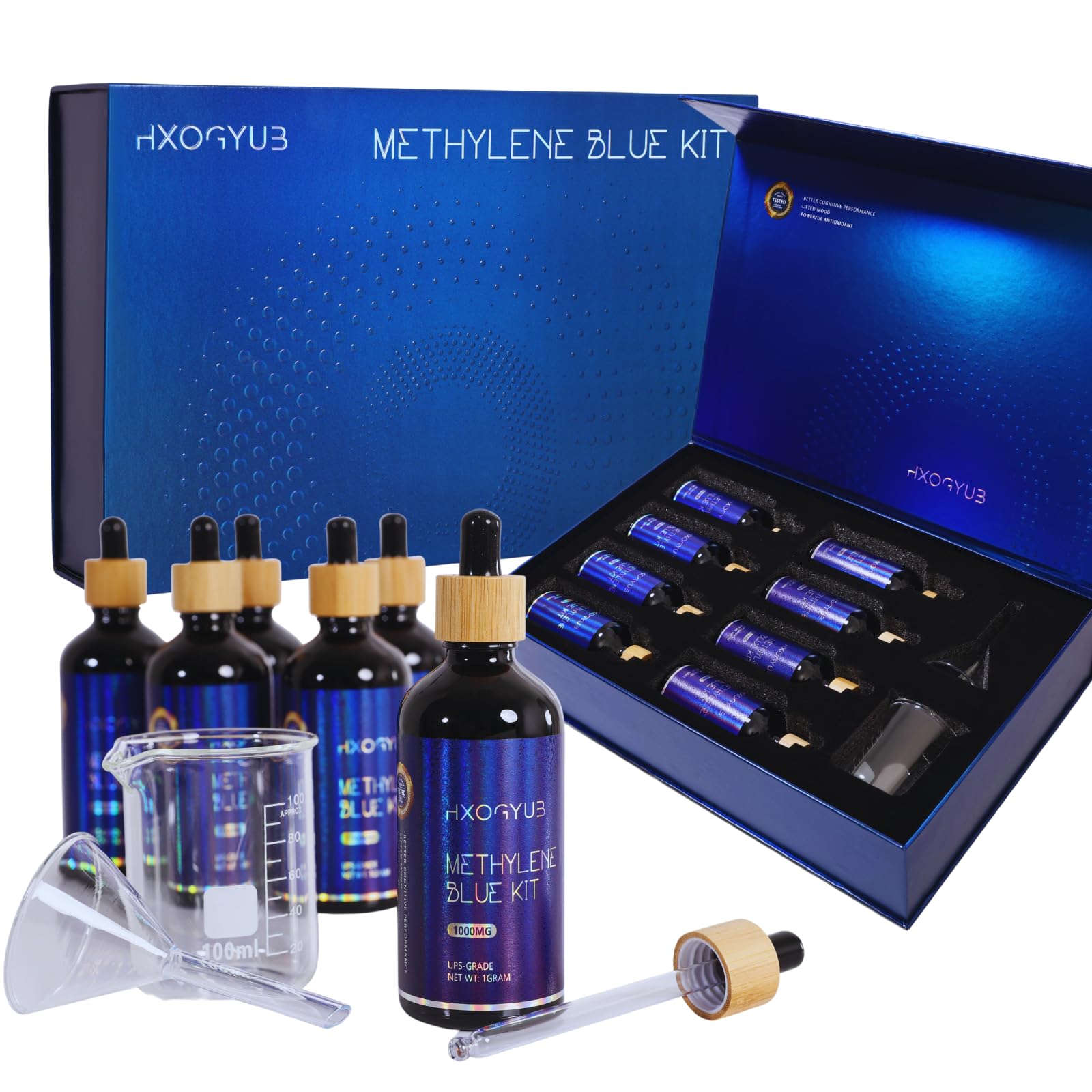 HXOGYUB Methylene Blue Powder Kit, 8 Gram, Third-Party Tested 99+%, USP Grade Compliant, Brain Health Dietary Supplement for Humans, No Formaldehyde, Including Measuring Cups and Funnel