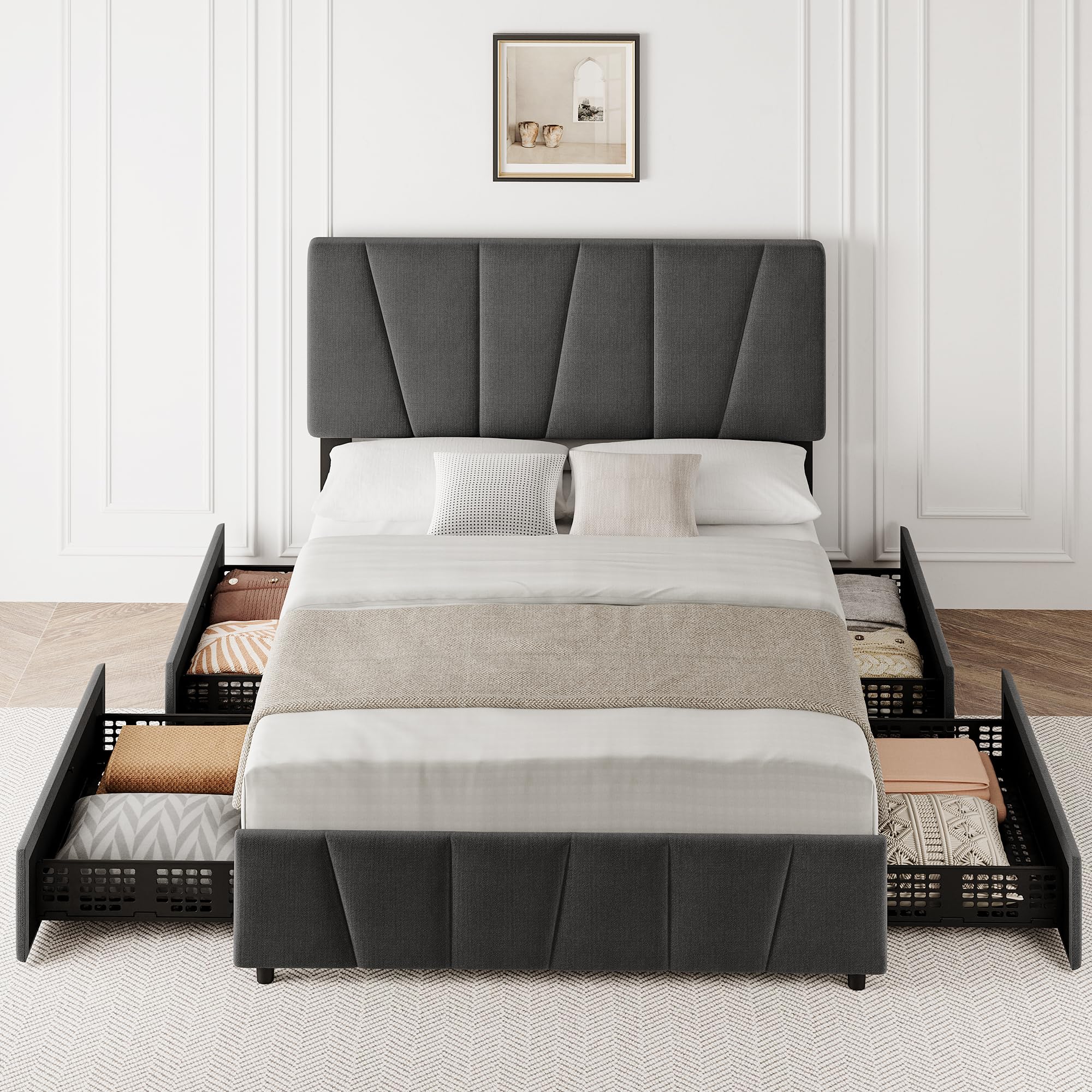 IDEALHOUSE Twin Size Bed Frame with Adjustable Headboard and 2 Storage Drawers, Upholstered Platform Bed Frame with Wooden Slats Support, No Box Spring Needed, Dark Grey