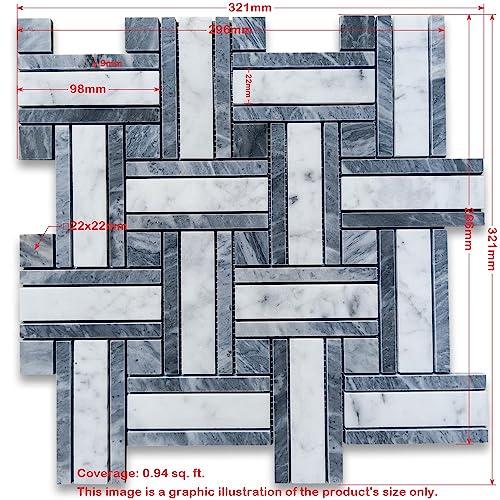 Stone Center Online Carrara White Marble 1 inch Twine Basketweave Mosaic Tile w/Bardiglio Gray Honed Kitchen Bath Wall Floor Backsplash Shower (1 Sheet)