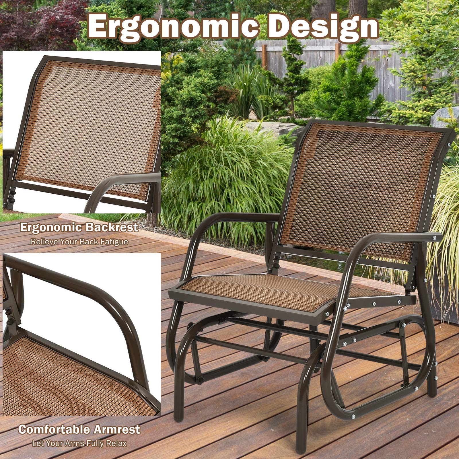 S AFSTAR Outdoor Patio Glider Chairs Set of 2, Porch Glider Swing with Breathable Mesh Fabric and Sturdy Steel Frame, Load Capacity 330LBS, Single Glider Chair for Outside Garden Backyard (Brown)