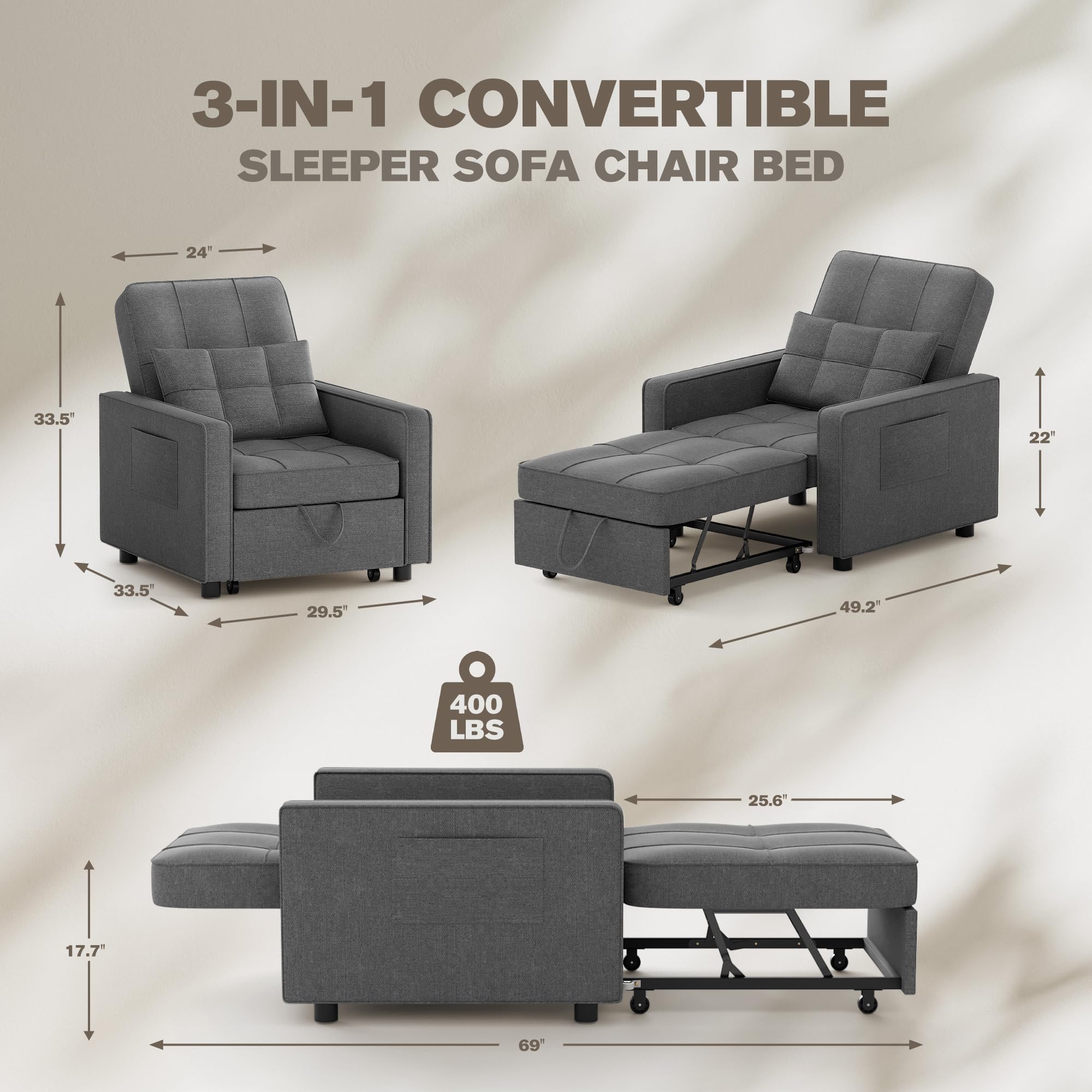 JUMMICO Sleeper Chair, 3-in-1 Convertible Sleeper Sofa Bed for Adults, Linen Fabric Pull Out Chair Bed with Adjustable Backrest, for Living Room, Apartment, Office, Small Space (Dark Gray)