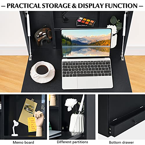 IFANNY Wall Mounted Desk, Wall Computer Desk w/Storage Drawer & Shelves, Compact Floating Desk for Wall, Space Saving Wall Desk Fold Down, Wall Desks for Small Spaces (Black)