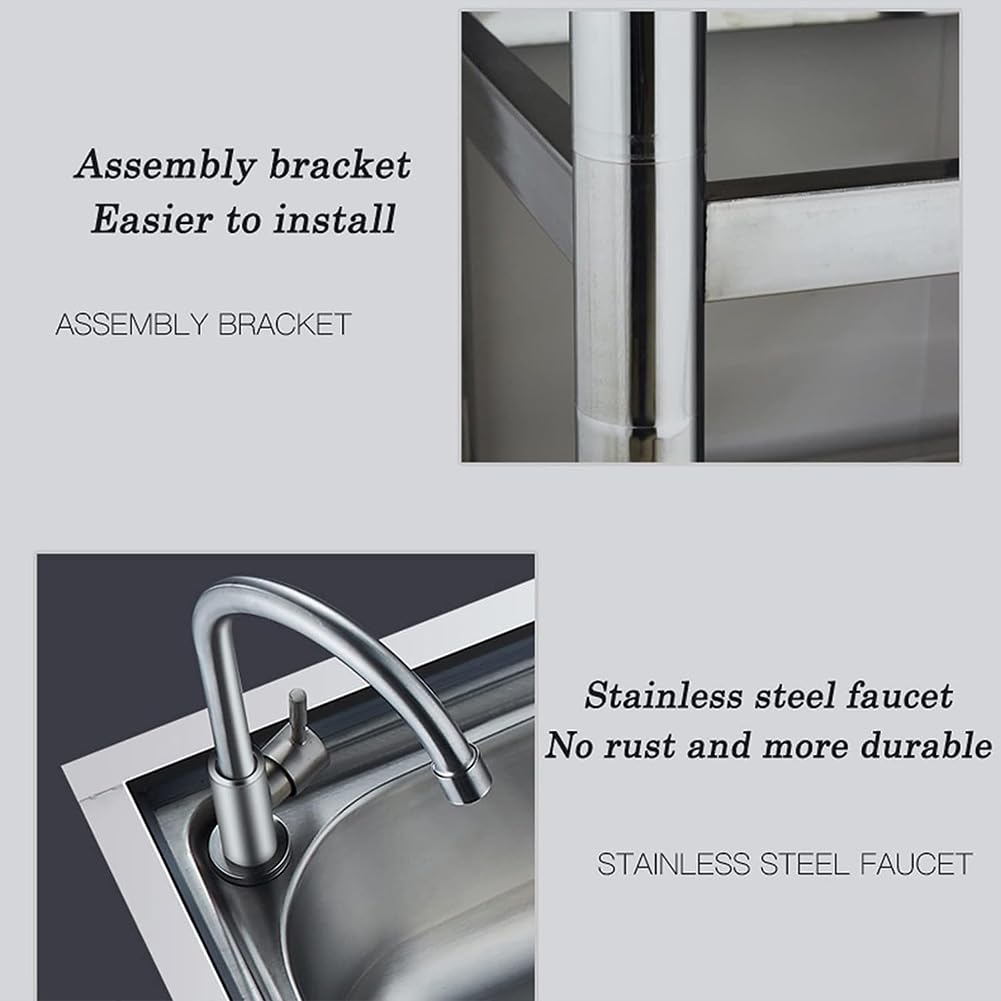 Commercial Restaurant Kitchen Bar Sink, With Cutting Board, Single Bowl Kitchen Sinks,Outdoor Free Standing Sink, Utility prep station Sink, Laundry Tub, Free Standing Stainless-Steel (B)