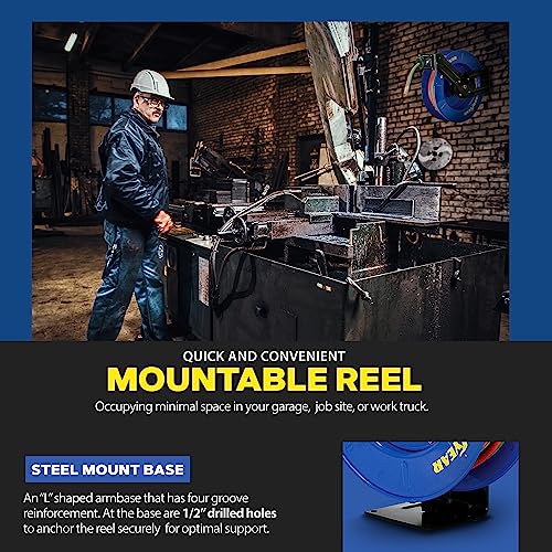 Goodyear Welding Hose Reel Retractable 1/4" Inch x 50’ Foot Twin Oxygen Acetylene Rubber Hoses STD Duty Max 300PSI Heavy Duty Industrial Single Arm Construction