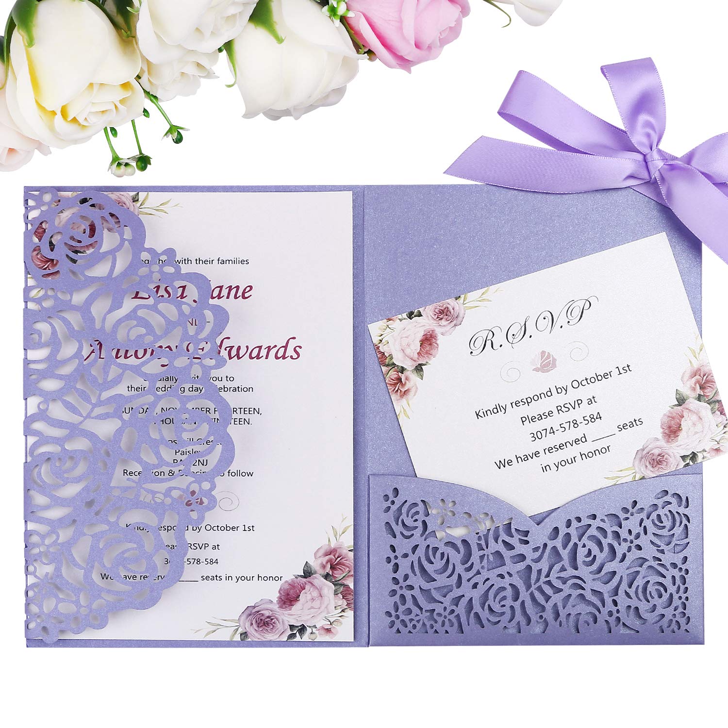 ponatia 20 PCS 3 Folds 5x7'' Wedding Invitations Cards with Envelopes Ribbons for Wedding Bridal Shower Engagement Birthday Graduation Invite (Lavender)