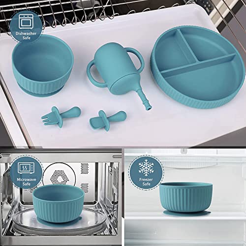 Silicone Baby Feeding Set, 2 adjustable bibs with food collectors, 1 suction cup divider, 1 suction cup, 1 sippy cup,1 stage 1 spoon and 1 fork, Baby Led Weaning Utensils,Toddler Self Feeding Set