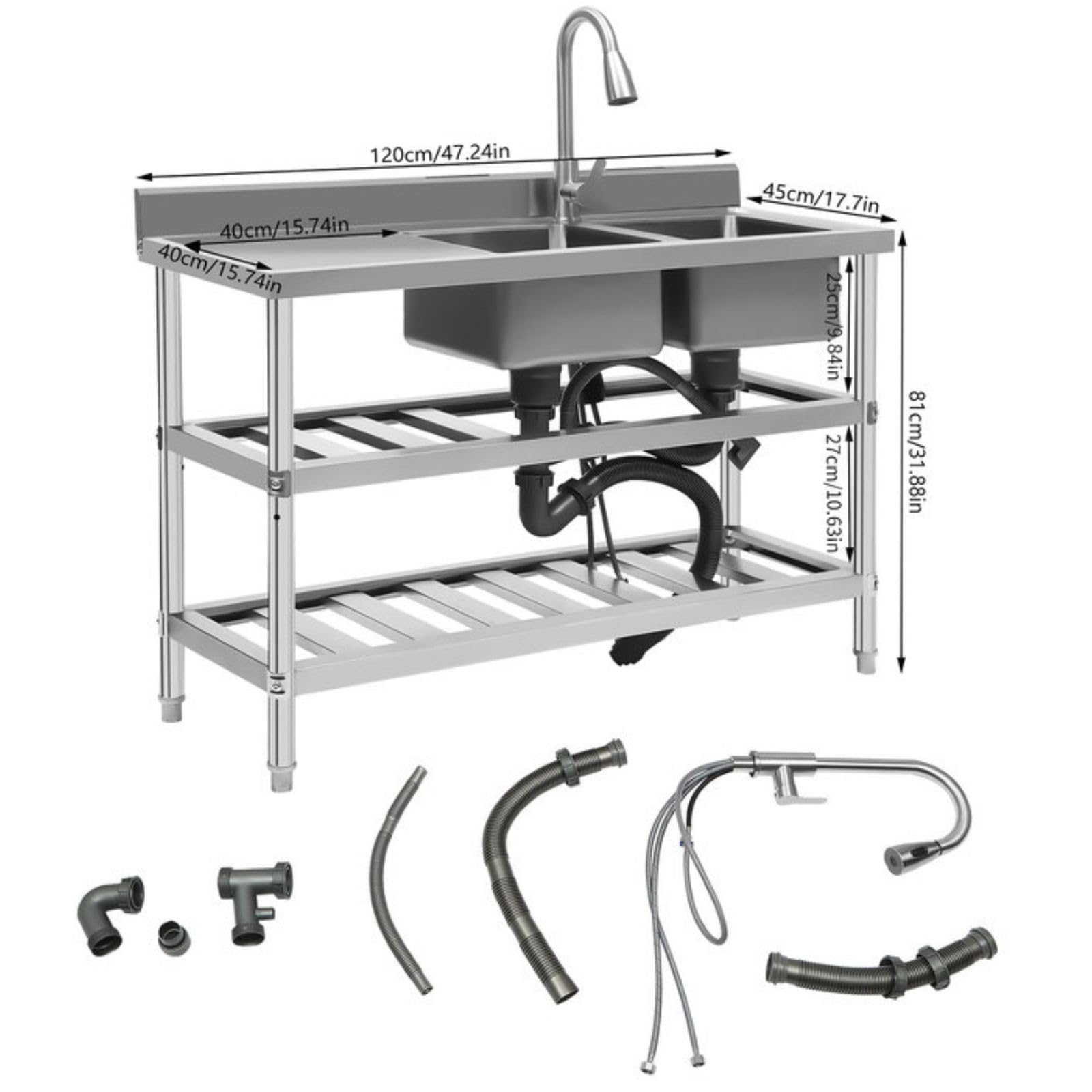 Commercial Restaurant Sink,Stainless Steel Utility Sink Free-standing Kitchen Sink,Double Bowl Kitchen with Strainer, 201 Stainless Steel Freestanding Kitchen,Hand Washing Sink with Side Splashes