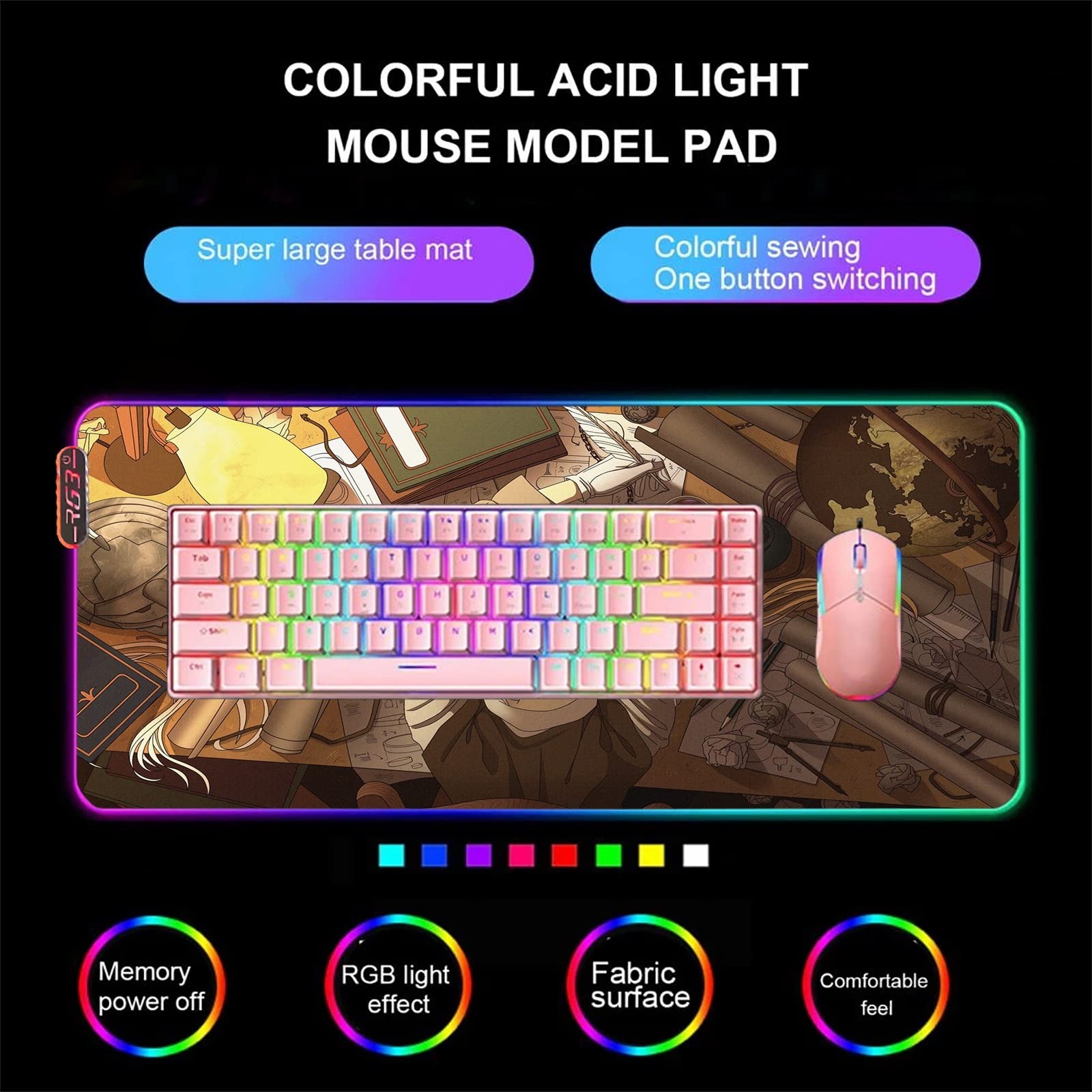 Gaming Mouse Pads Fullmetal Alchemist Mouse Pad RGB Mouse Pad Large Keyboard Desk Mat Led Gaming Accessories Computer Mat with 14 Lighting Modes 30X80Cm/L