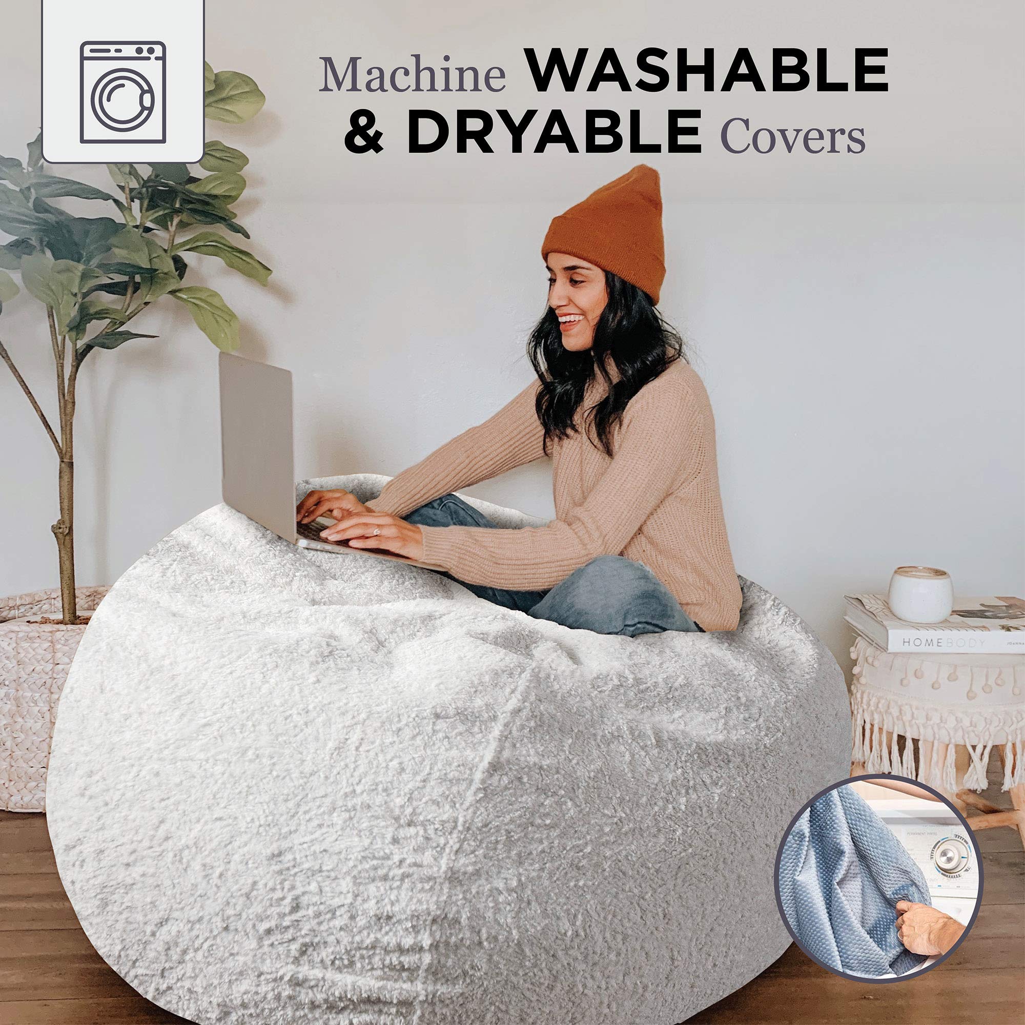 CordaRoy's Faux Fur Bean Bag Chair, Convertible Chair Folds from Bean Bag to Lounger, As Seen on Shark Tank, White - Queen Size