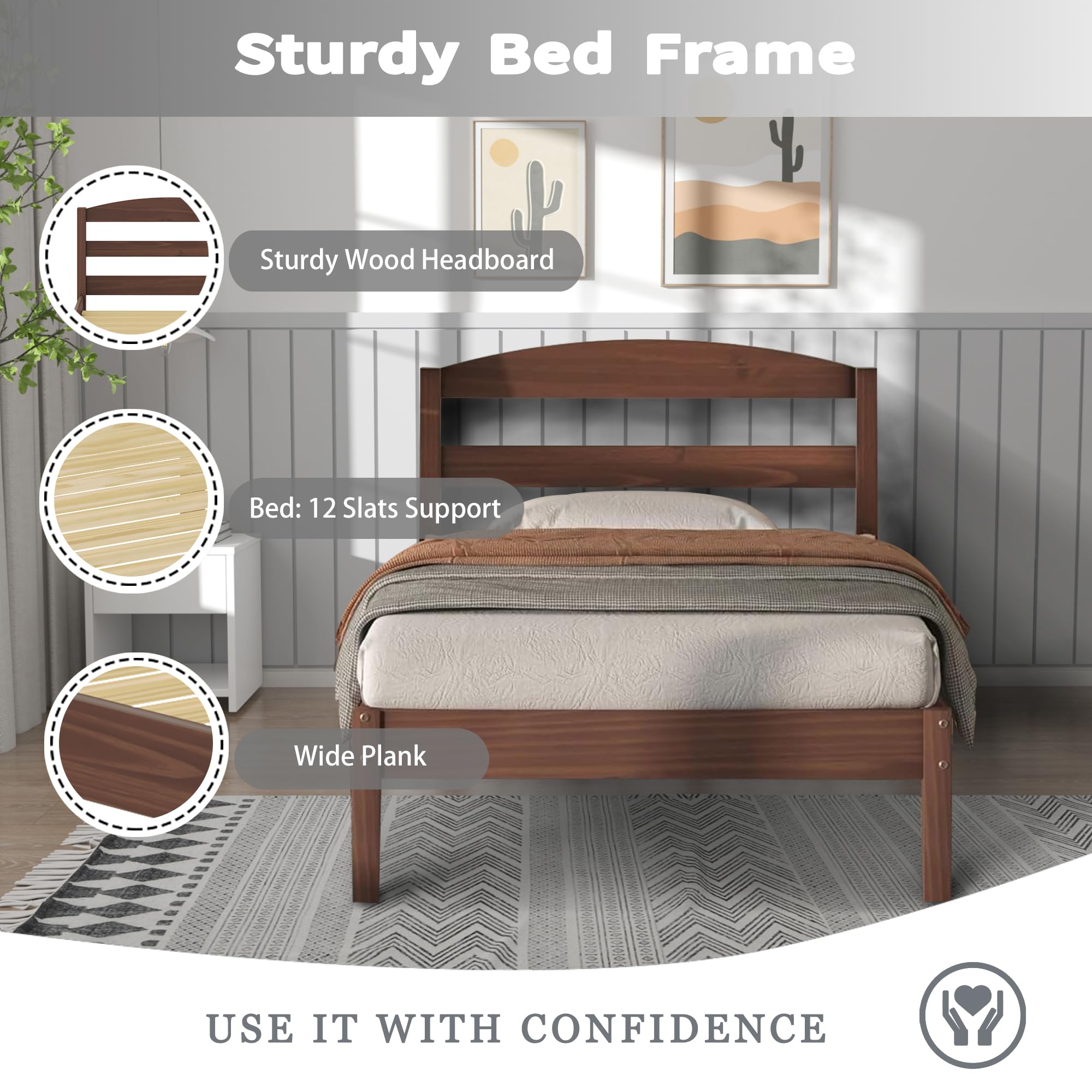 KYLE & KAY Twin Bed Frame with Wooden Headboard, Solid Pine Platform Bed with Wood Slat Support, Farmhouse Bed for Bedroom, Guest Room, No Box Spring Needed, Easy Assembly, Mahogany