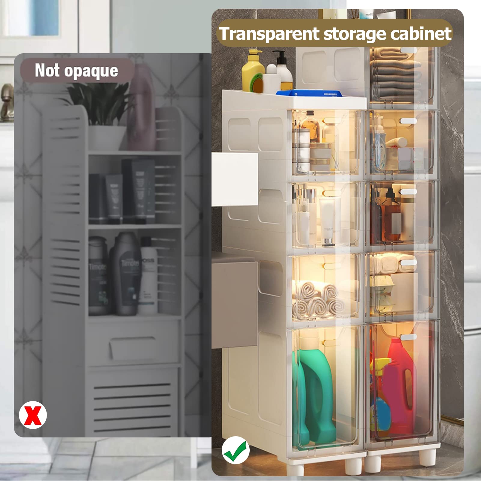 JUNGEDUI Slim Bathroom Cabinet Storage, Large Capacity Slim Storage Cabinet with Clear Plastic Drawers Casters Narrow Tall Slim Floor Cabinet for Small Spaces,7''W and 9''W