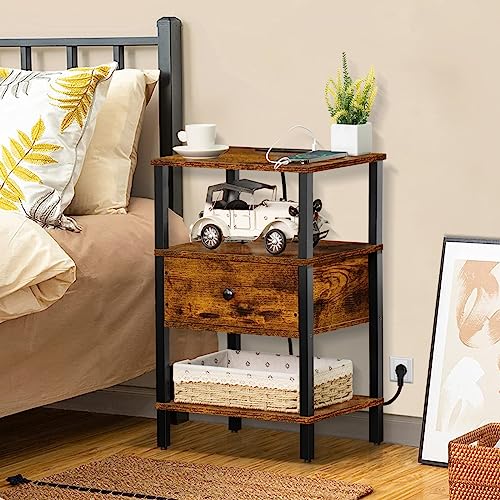 Lerliuo Nightstand with Charging Station and USB Ports, 3-Tier Storage End Table with Drawer Shelf, Night Stand for Small Spaces, Wood Bedside Table for Living Room, Bedroom - Retro Brown