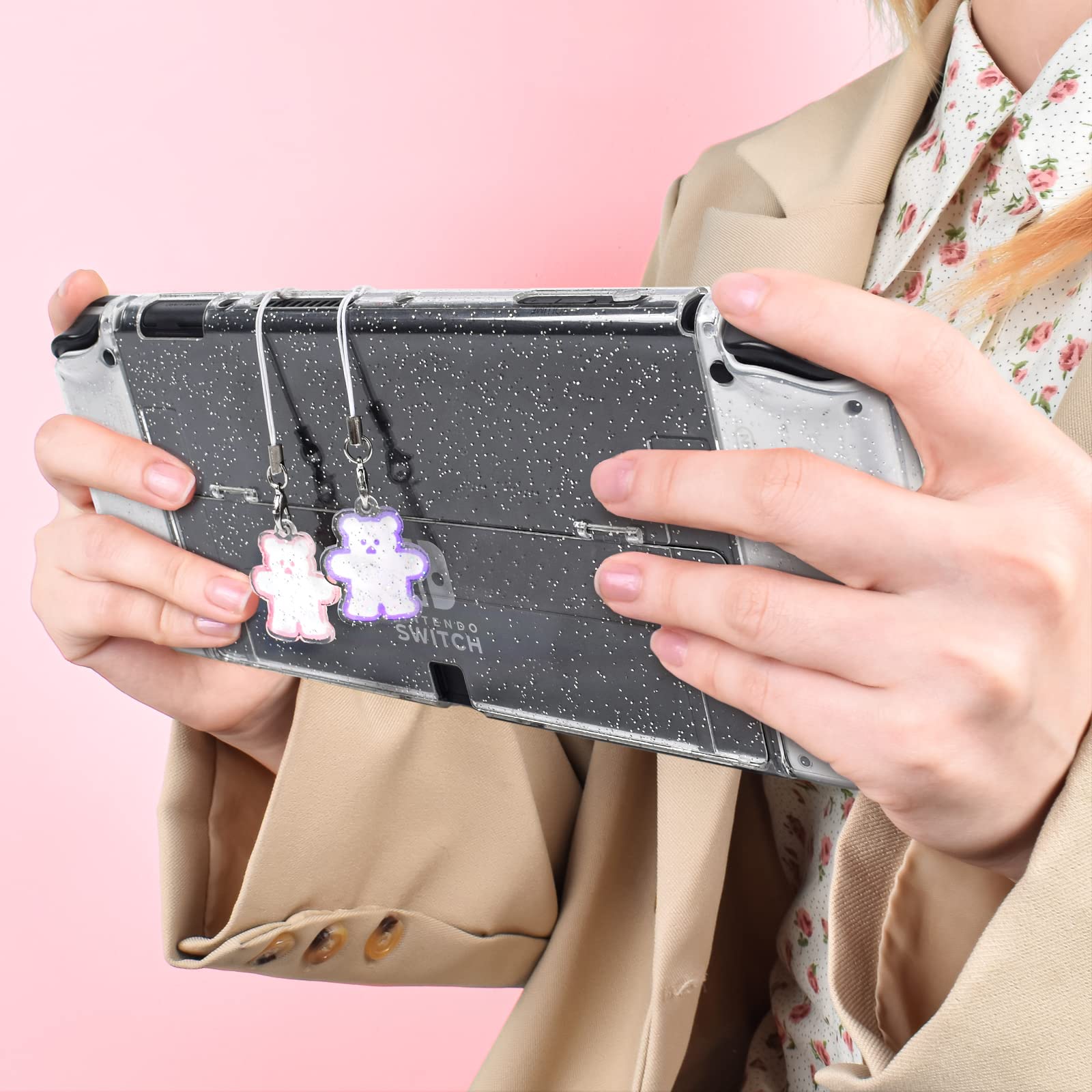 DLseego Glitter Theme Switch OLED Case Set Bling Protective Dockable Crystal Cover with Pink & Purple Shiny Cat Claw Thumb Grips and Sparkly Bear Charm