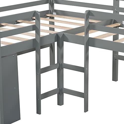 VilroCaz L-Shaped Twin Size Loft Bed with Widened Ladders and Slide, Solid Wood Loft Bed Frames with Safety Guardrail and Movable Bookshelfs for Kids, Teens, Girls & Boys (Gray)