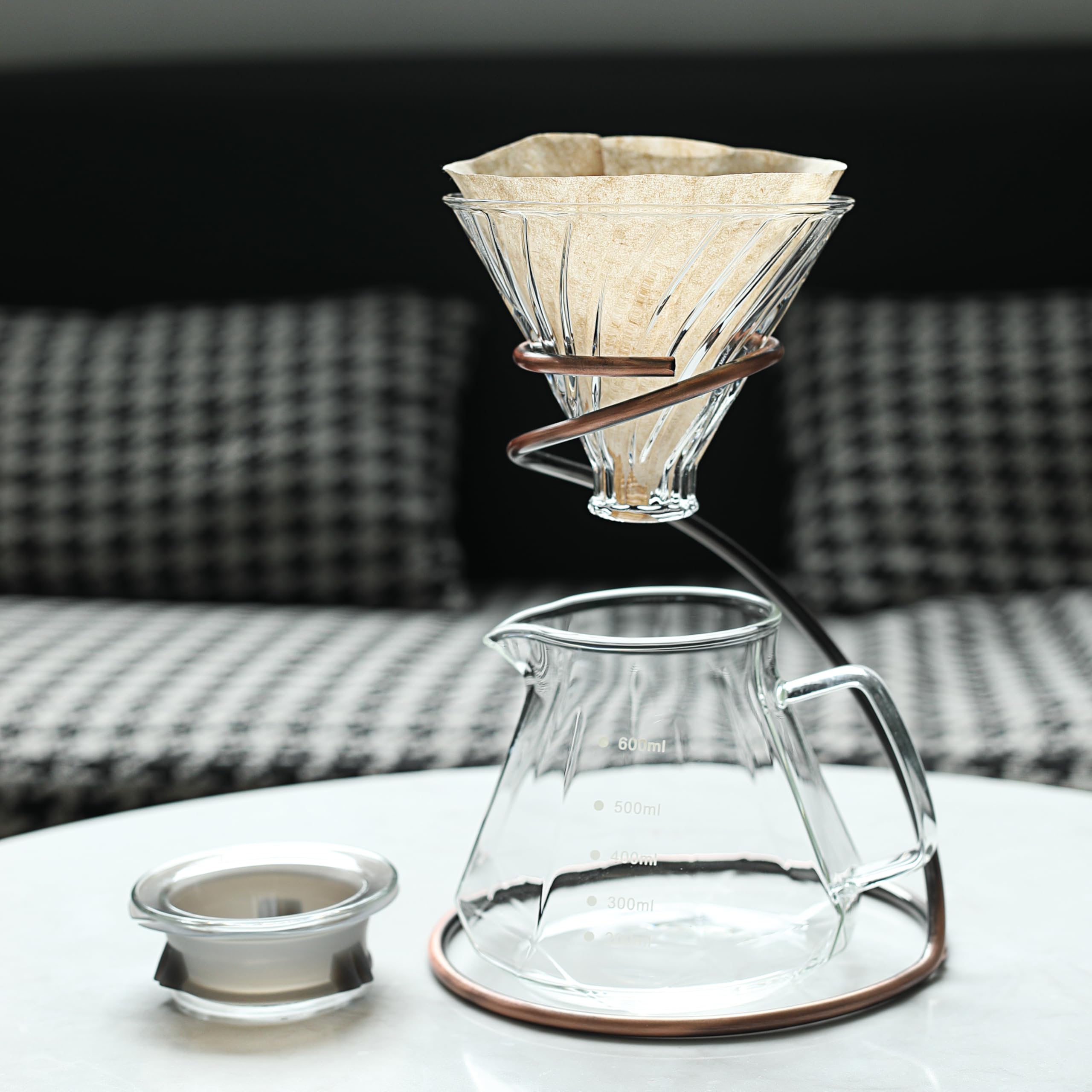 HYAXGM Pour Over Coffee Maker Set,20oz/600ml Pour Over Coffee Dripper & Glass Lid,Metal Dripper Stand and 100 Count Paper Coffee Filters,4 in 1 Set for Home or Office