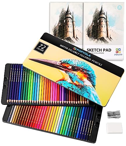 POPYOLA Watercolor Pencils, 72 Colored Pencils for Adult Coloring Books, Soft Core Art Pencils for Watercolor Drawing Blending Shading, Color Pencils Set Gift with 2 Sketch pads, 1 Sharpener, 1 Eraser